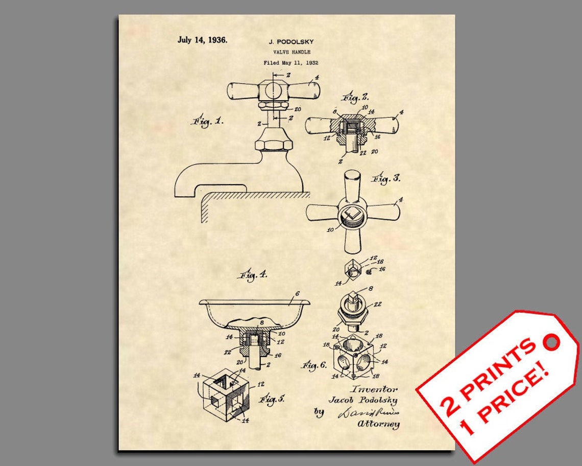 Patent Prints Bath Faucet Patent Art Vintage Bathroom | Etsy