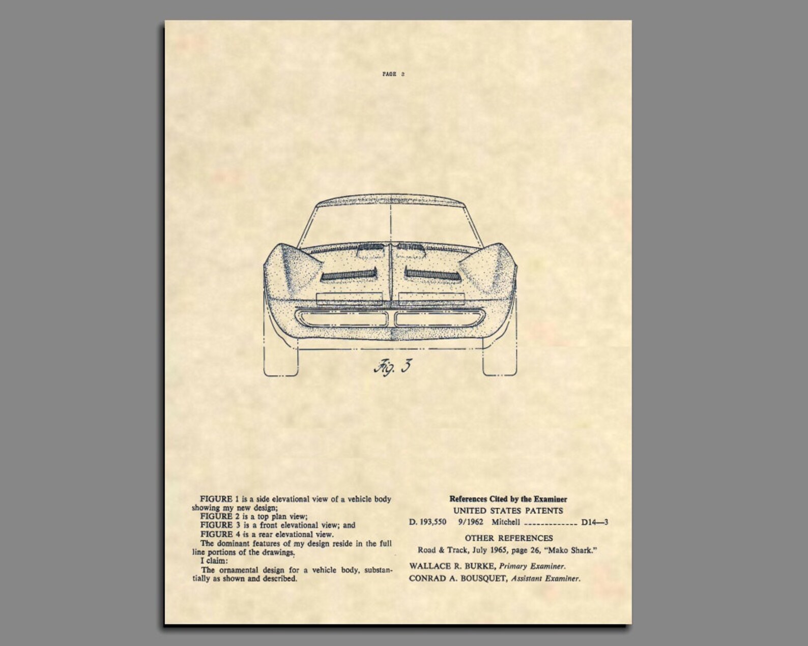 Patent Prints - Corvette Mako Patent Art - Vintage Original Corvette ...