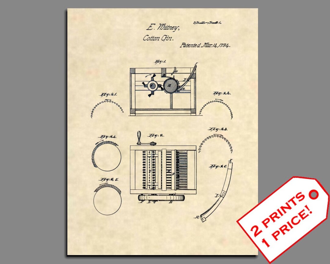 Patent Prints Eli Whitney Cotton Gin Patent Art Vintage - Etsy UK