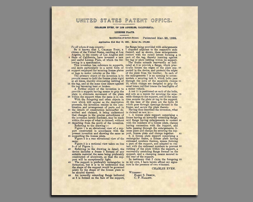 Patent-Drucke Patent California Platten Jahrgang Nummernschild Patent ...