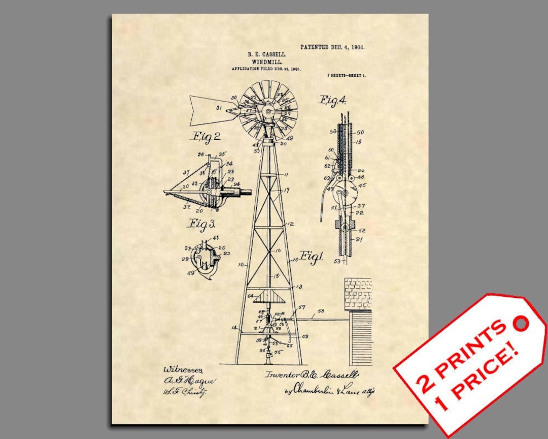 Windmill Wall Art Patent Print Vintage Windmill Patent Prints Windmill ...