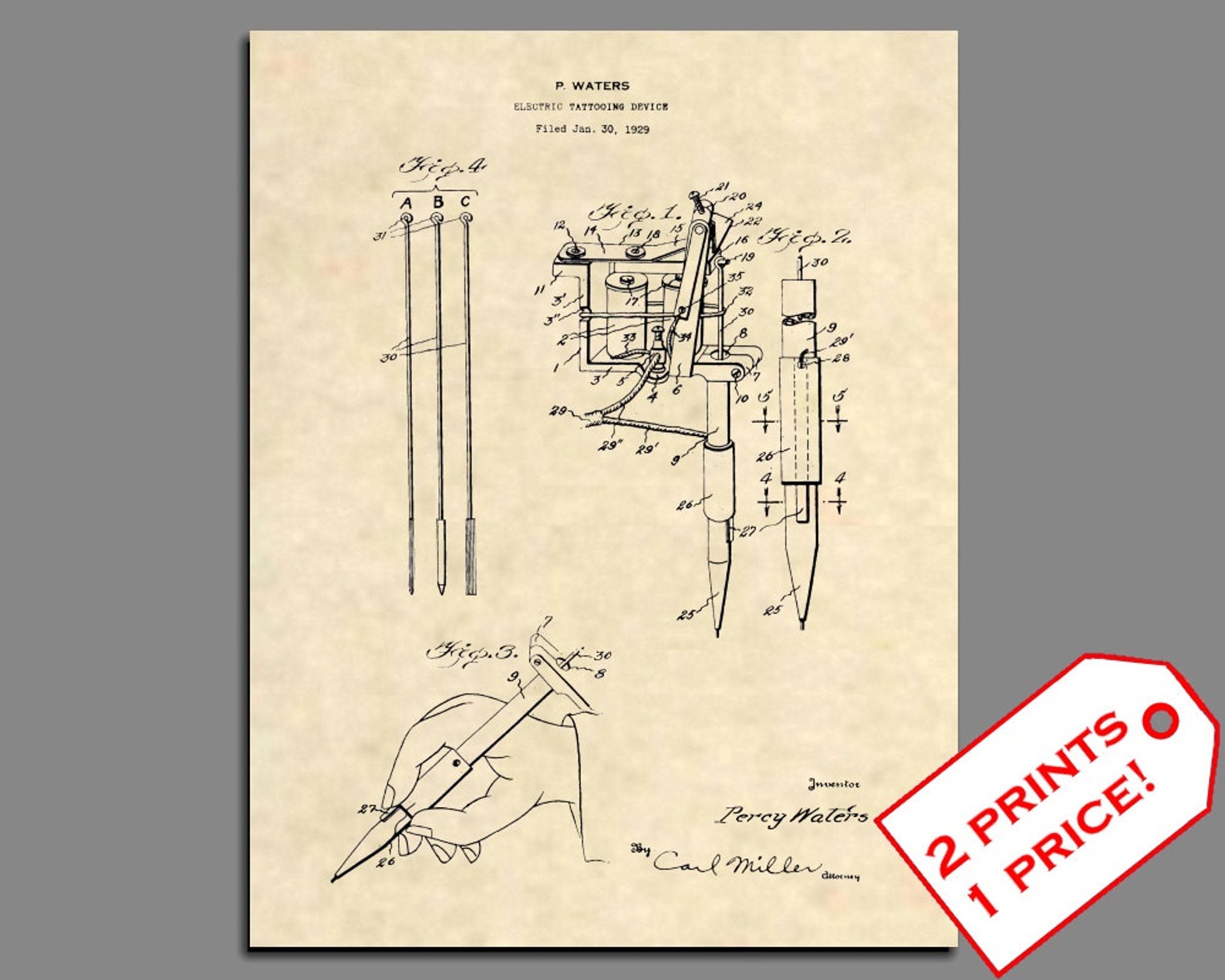 Tattoo Patent Percy Waters Tattoo Gun Patent Prints Tattoo - Etsy