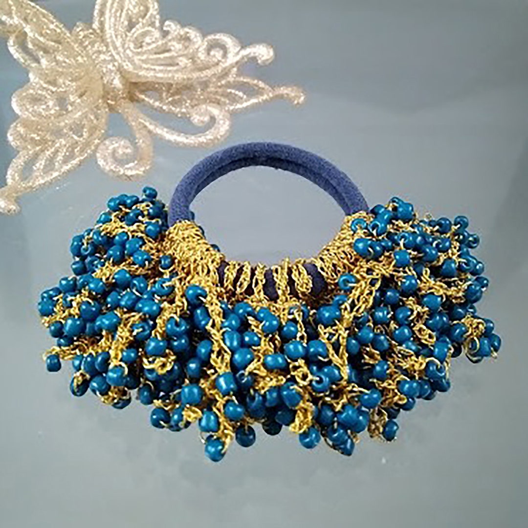 Green Scrunchie Fringed Bead Ponytail Holder Crochet Scrunchie With ...