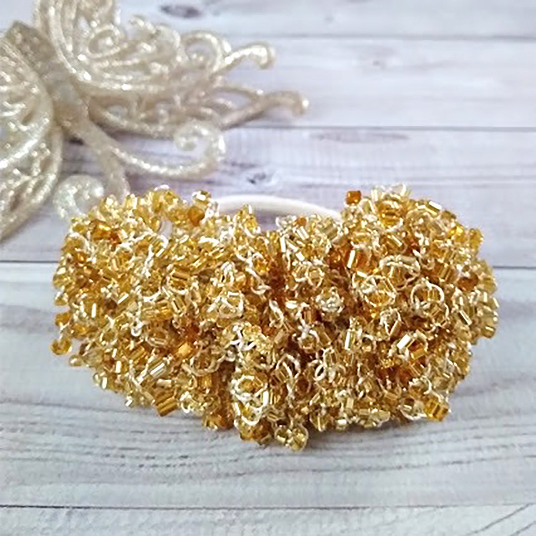 Gold Beaded Hair Tie: Crochet Scrunchie With Fringe - Etsy