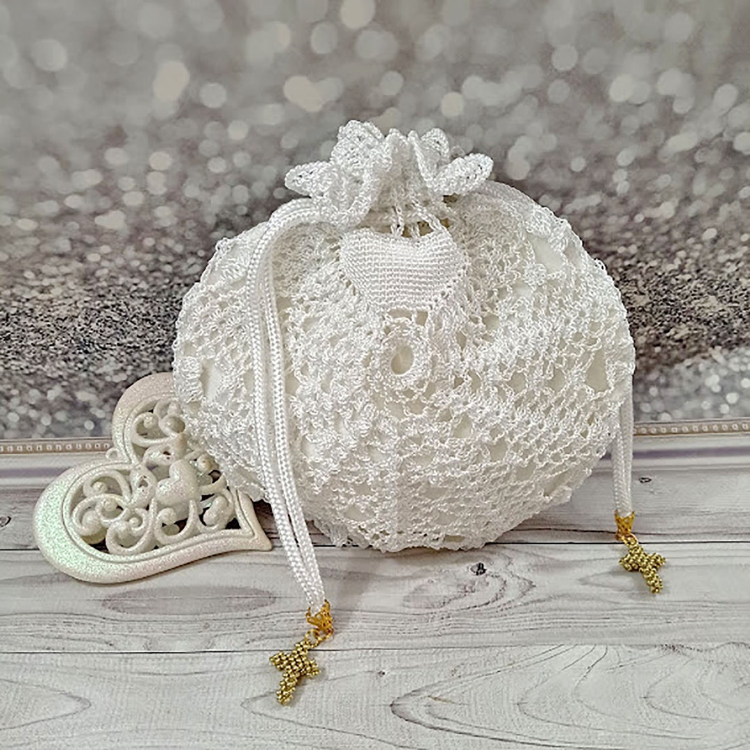 First Communion Purse Drawstring Pouch White Crochet Bag 1st Communion ...