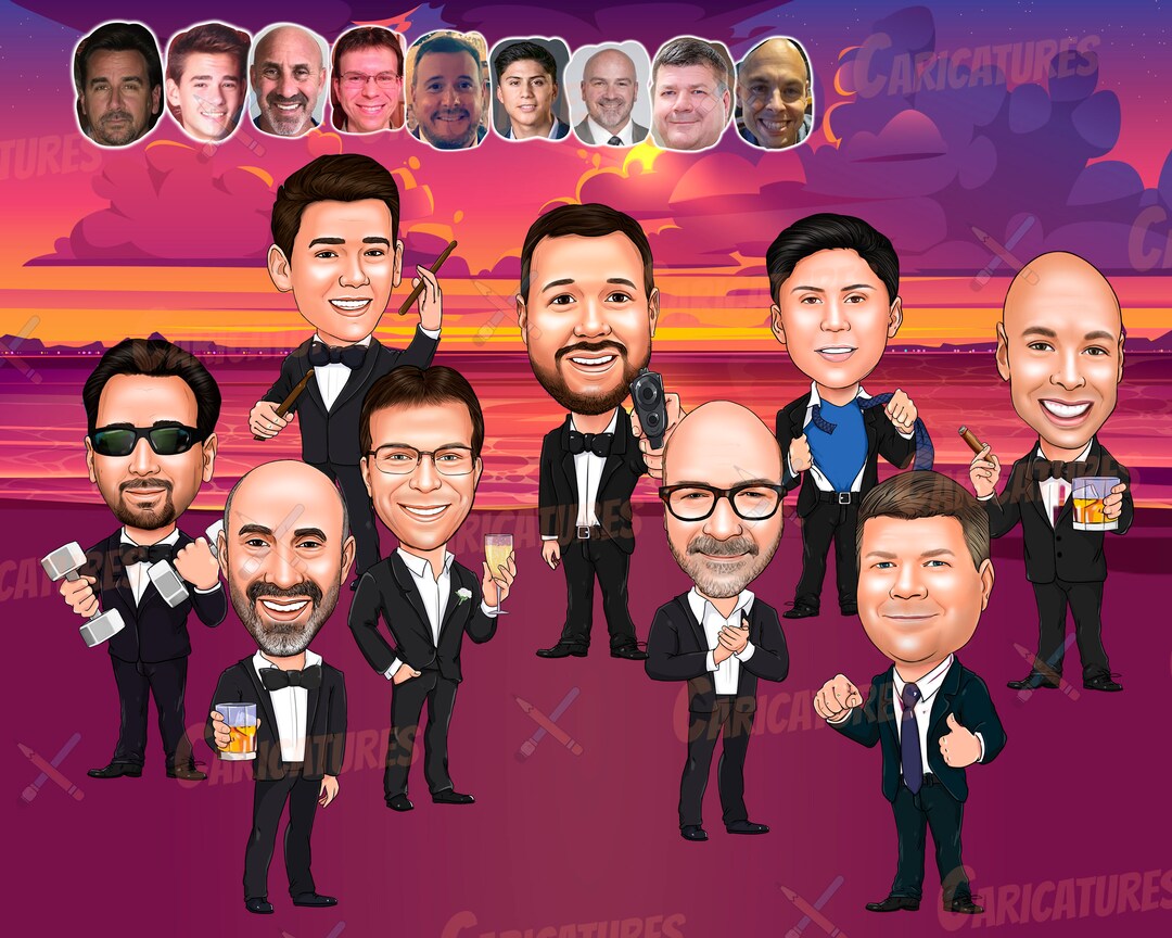 Groomsmen Caricature Drawing - Groomsmen Asking Gifts, Groomsmen Party ...