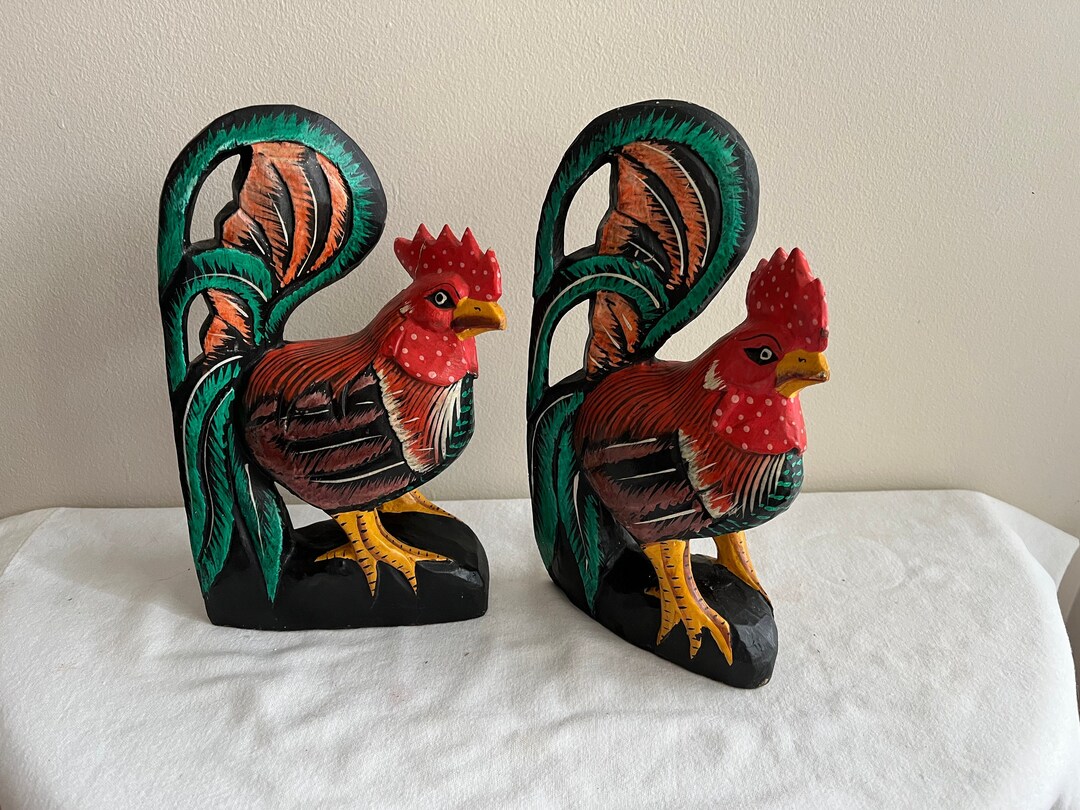 Vintage Pair of Folk Art Roosters -hand Carved and Hand Painted. 9.5 ...