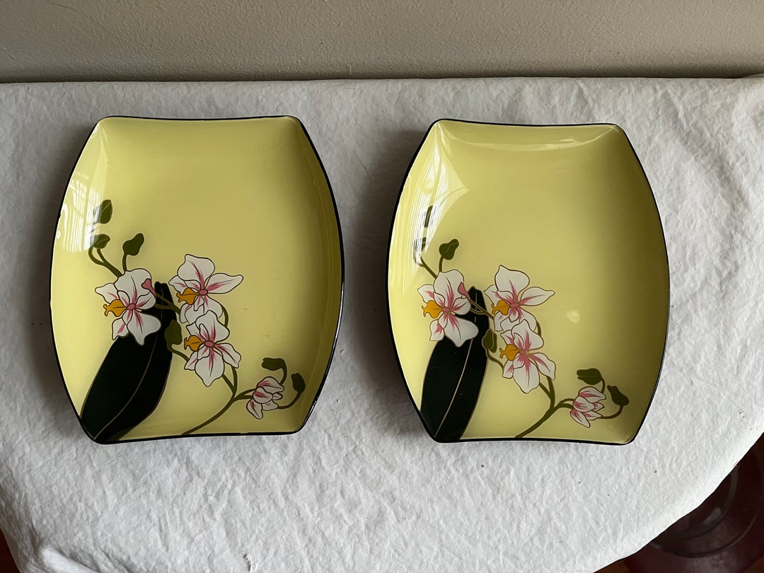 2 Vintage Rectangular Japanese Plates Floral and Yellow - Etsy