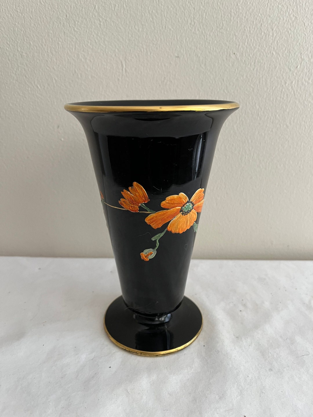 Vintage Black Glass Vase With Hand Painted Enamel Flowers 6.5" Tall - Etsy