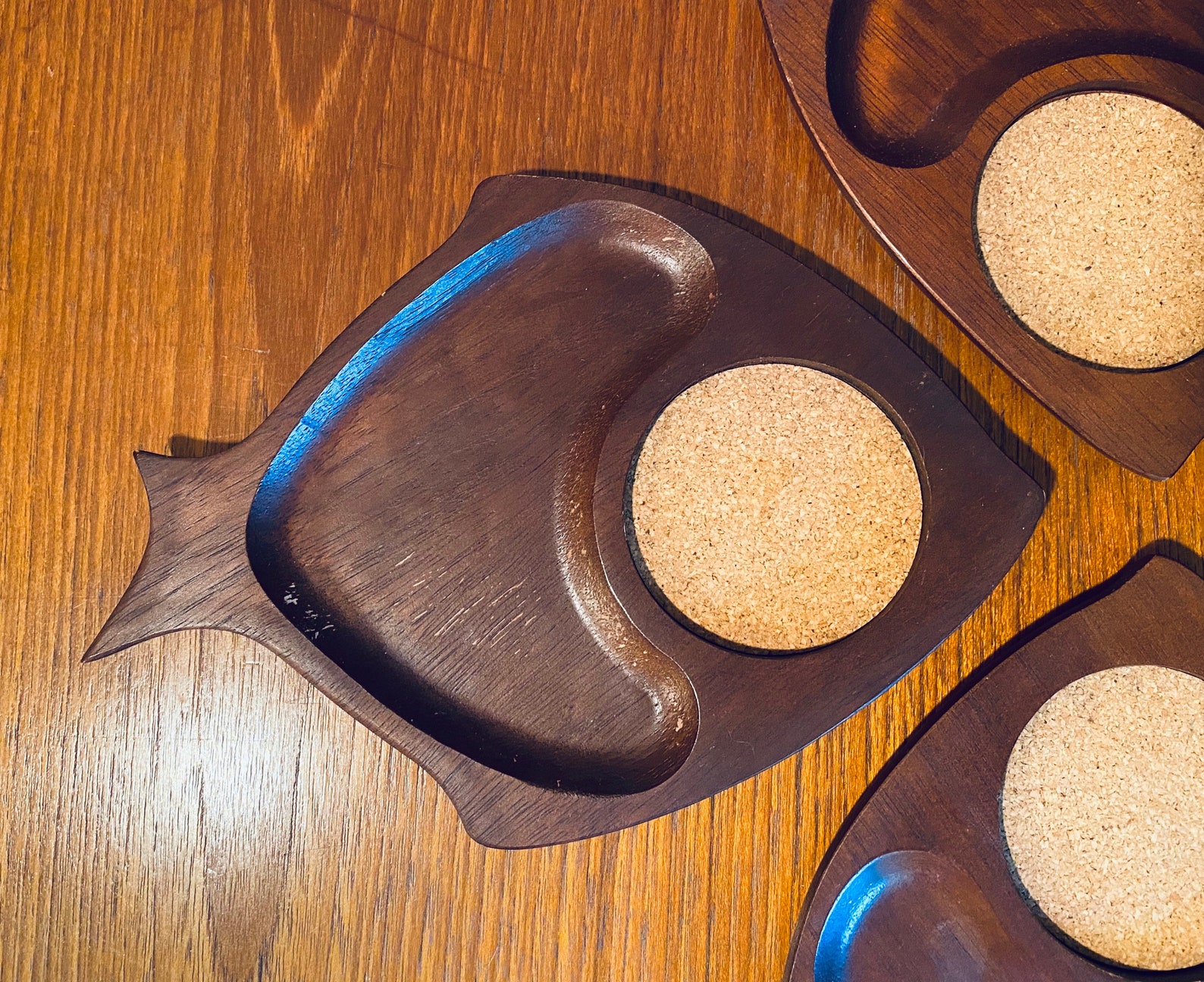 Fish Shaped Teak Cocktail Trays With Cork Inlays Snack Party Serving ...