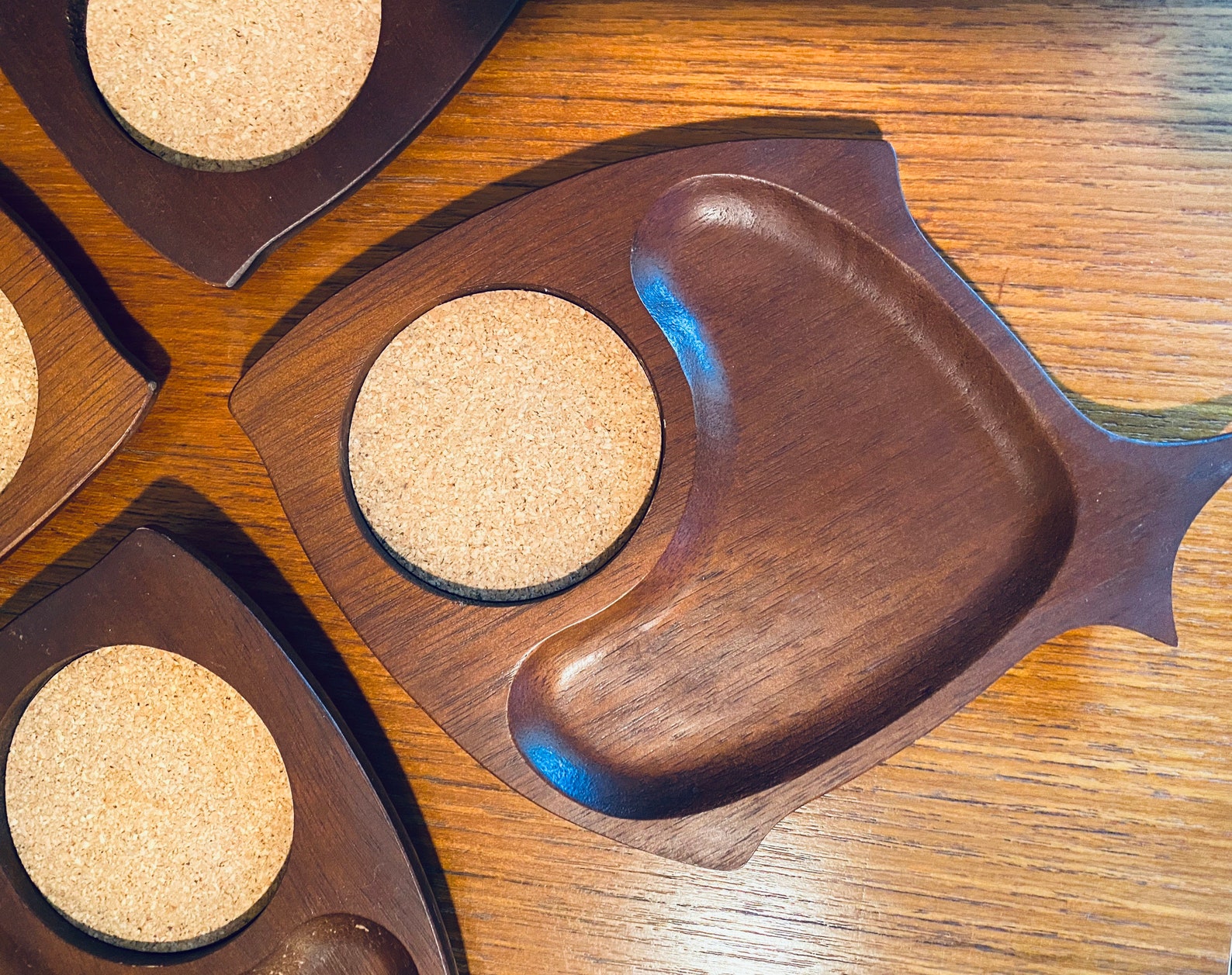 Fish Shaped Teak Cocktail Trays With Cork Inlays Snack Party Serving ...