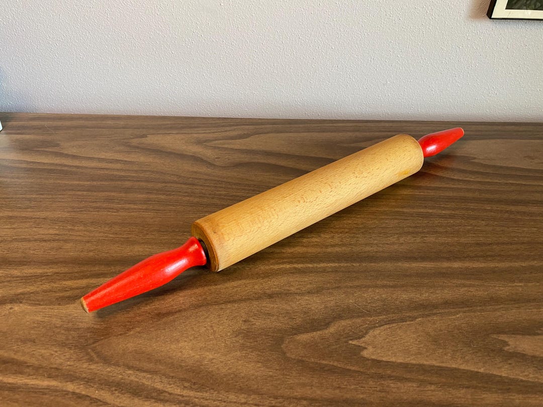 Vintage Wood Rolling Pin Red Handles Etsy