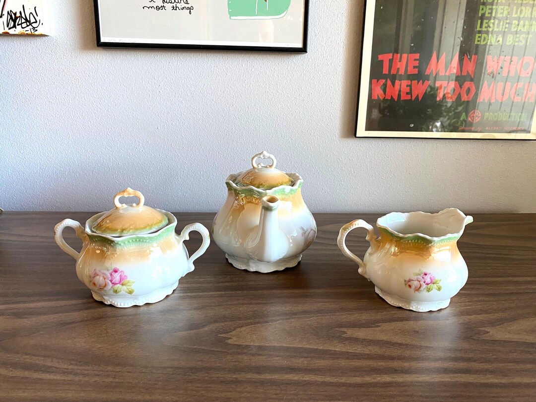 Leuchtenburg Tea Set Germany Pot Sugar Cream Pitcher Pink Roses ...