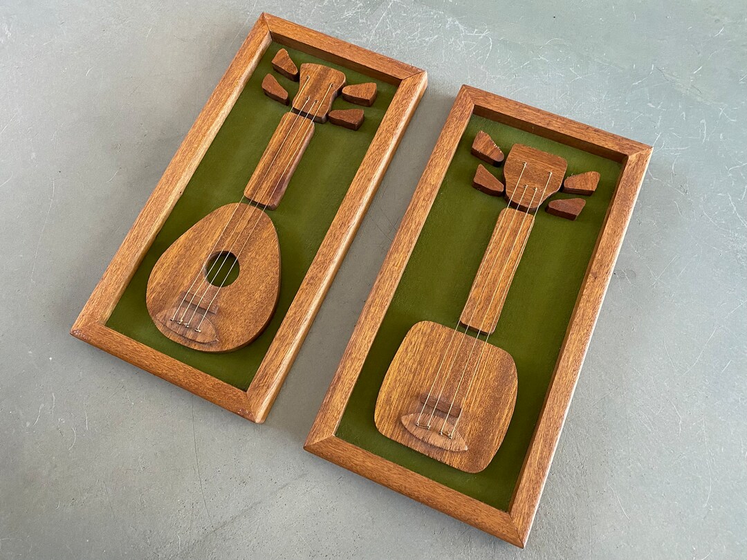 Pair Teak Guitar Wall Plaques Avocado Green Mid Century - Etsy