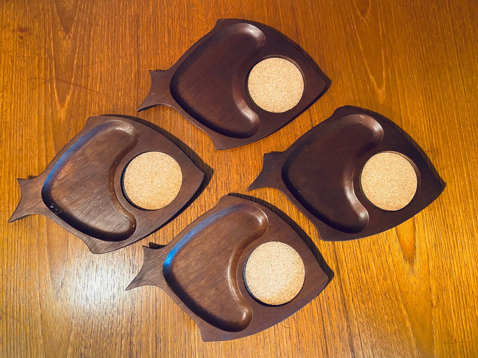 Fish Shaped Teak Cocktail Trays With Cork Inlays Snack Party Serving ...