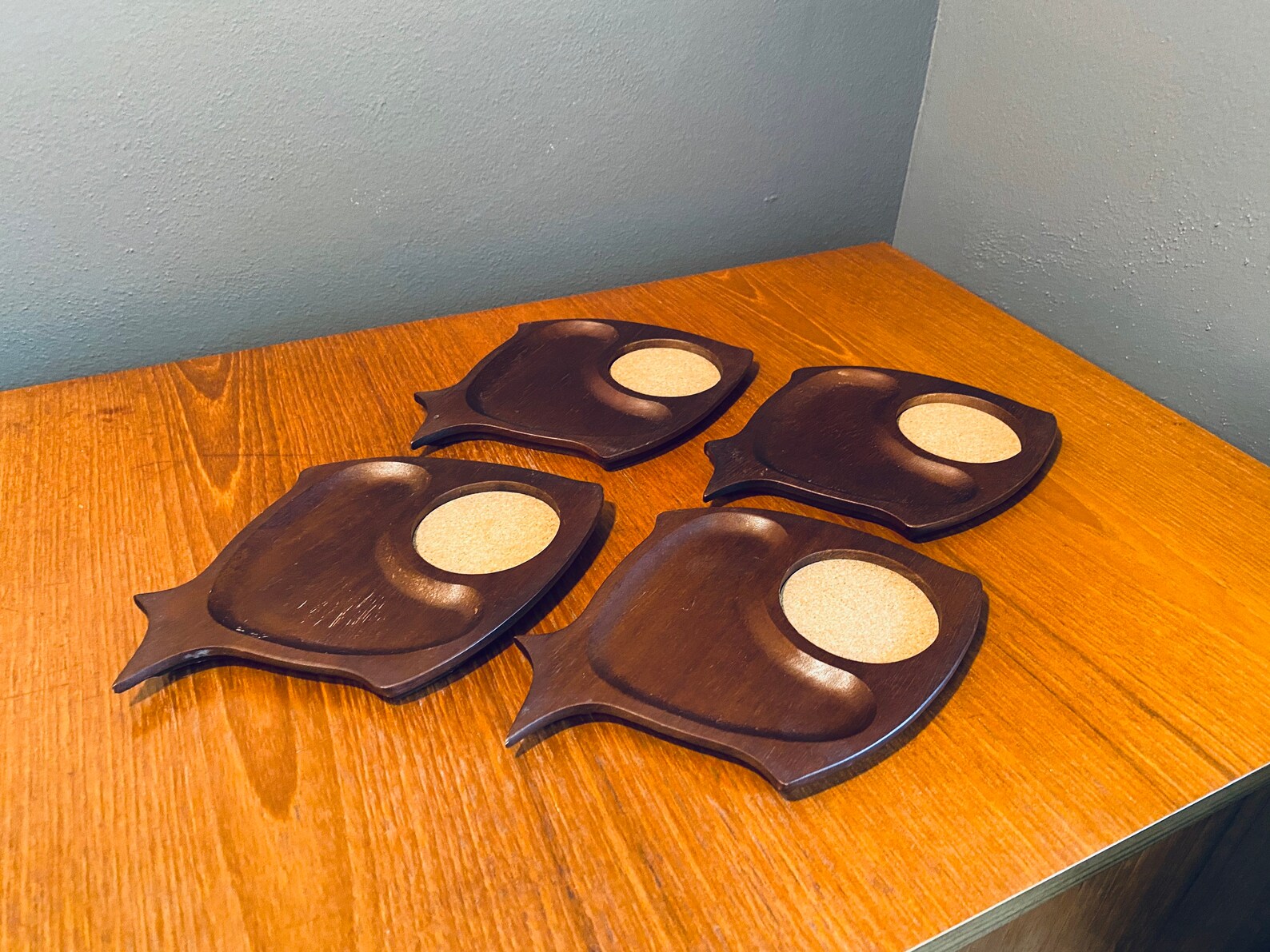 Fish Shaped Teak Cocktail Trays With Cork Inlays Snack Party Serving ...