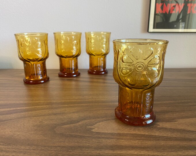 Libbey Country Garden Daisy Tumblers CHOOSE Large or Small Amber Gold ...