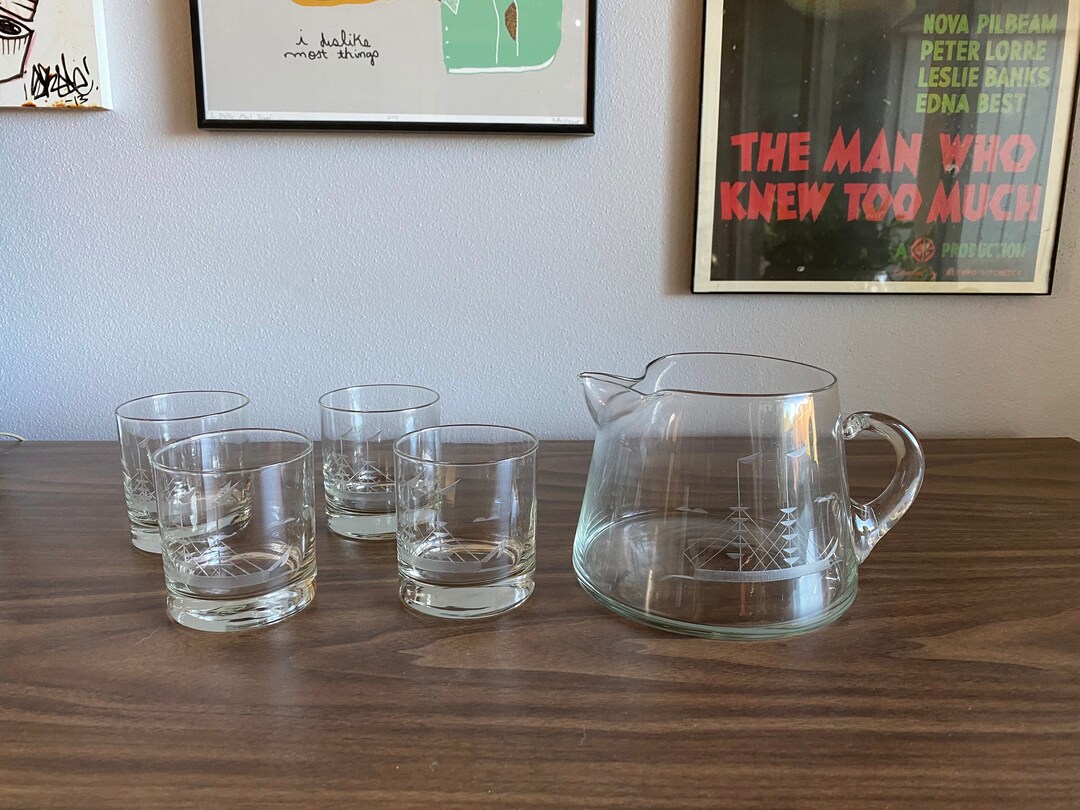 Etched Glass Pitcher Schooner Clipper Ship and 4 Glasses - Etsy