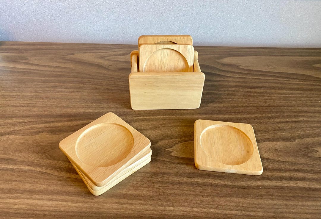 Teak Wood Coasters | Set of 6 With Holder - Etsy