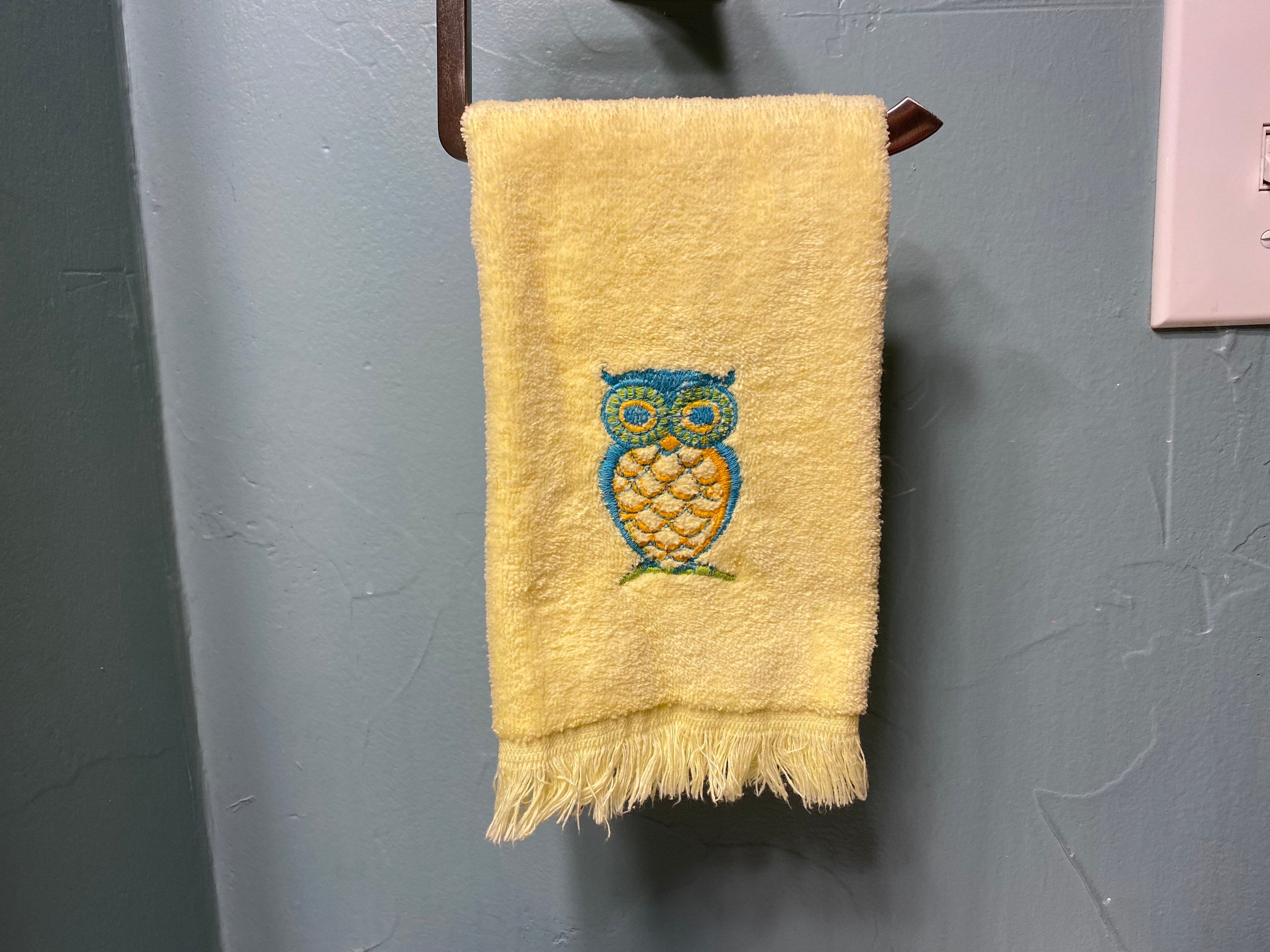Embroidered Owl Hand Towel | Turquoise, Green & Gold Bird Design - Etsy