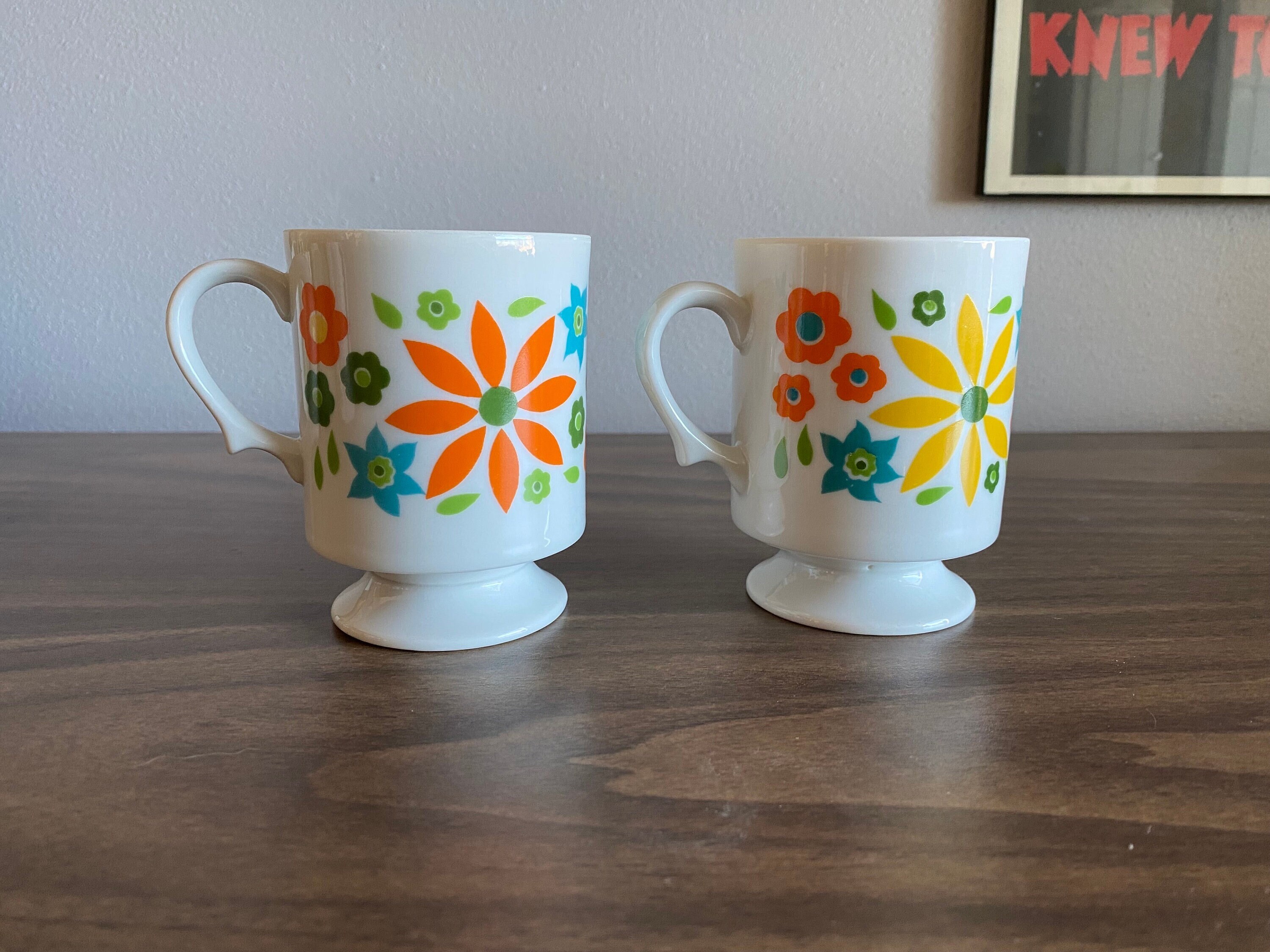 Flower Power Coffee Mugs Pair Footed With Handles - Etsy