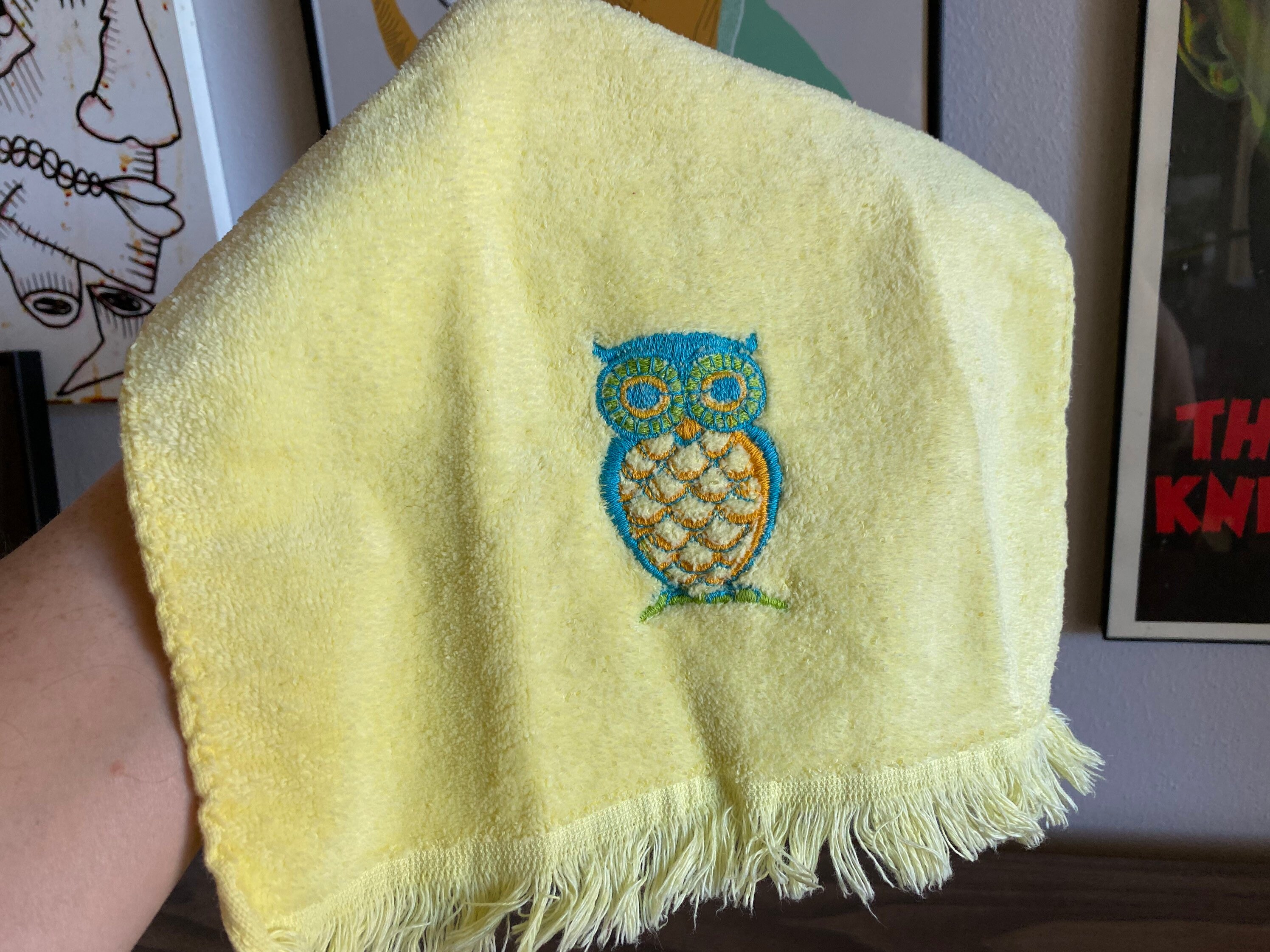 Embroidered Owl Hand Towel | Turquoise, Green & Gold Bird Design - Etsy