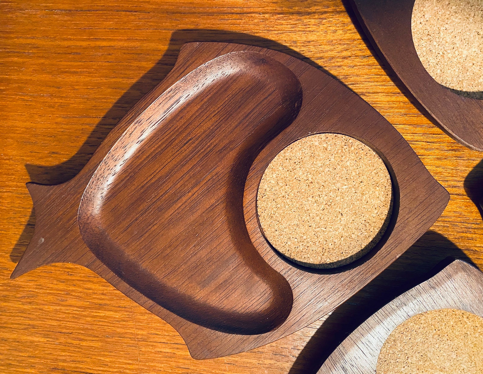 Fish Shaped Teak Cocktail Trays With Cork Inlays Snack Party Serving ...