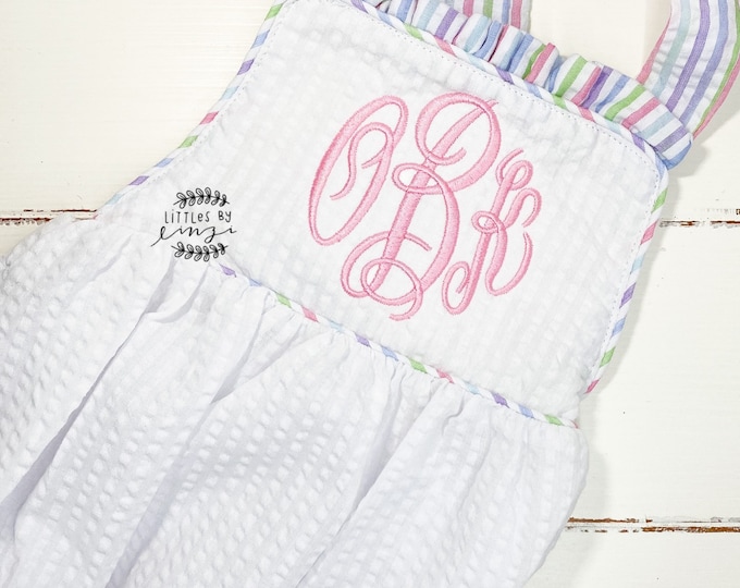 Seersucker Romper, Seersucker Bubble, Ruffle Romper, Ruffle Bubble, Monogram Seersucker Romper ...
