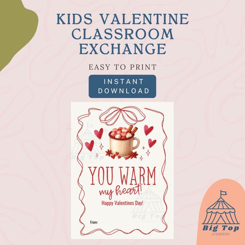 Classroom Hot Chocolate Valentine Printable Tag Digital Download Card ...