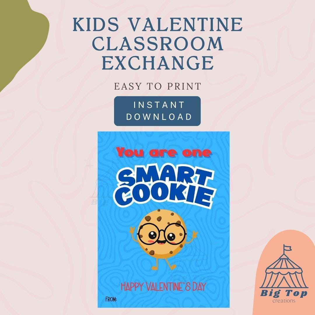 Classroom Valentine Printable Smart Cookie Tag Digital Download Card ...