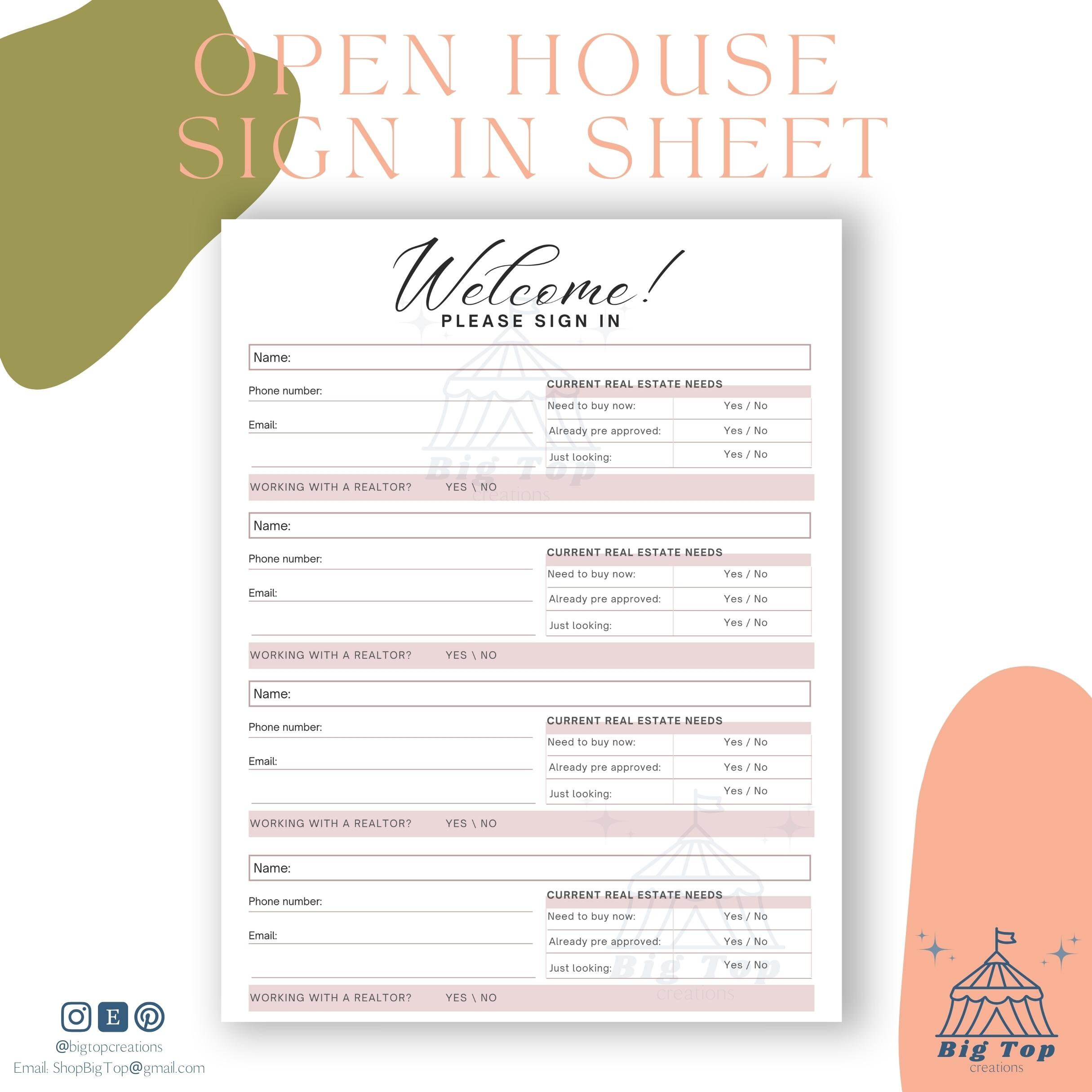 Realtor Open House Sign in Sheet Real Estate Agent Welcome Sign Digital ...