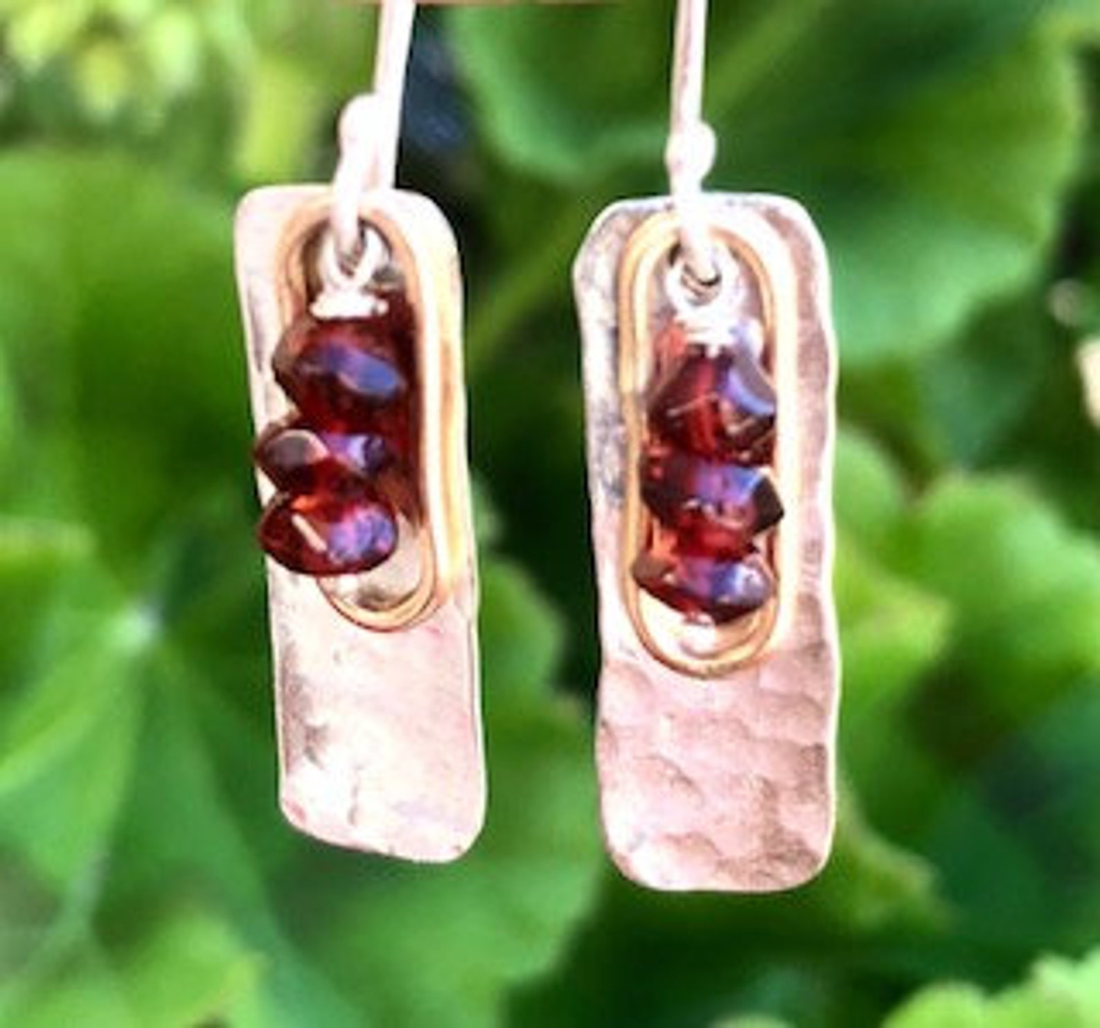 Genuine Red Garnet Dangle Drop Earrings, Silver and Gold Earrings, Red ...