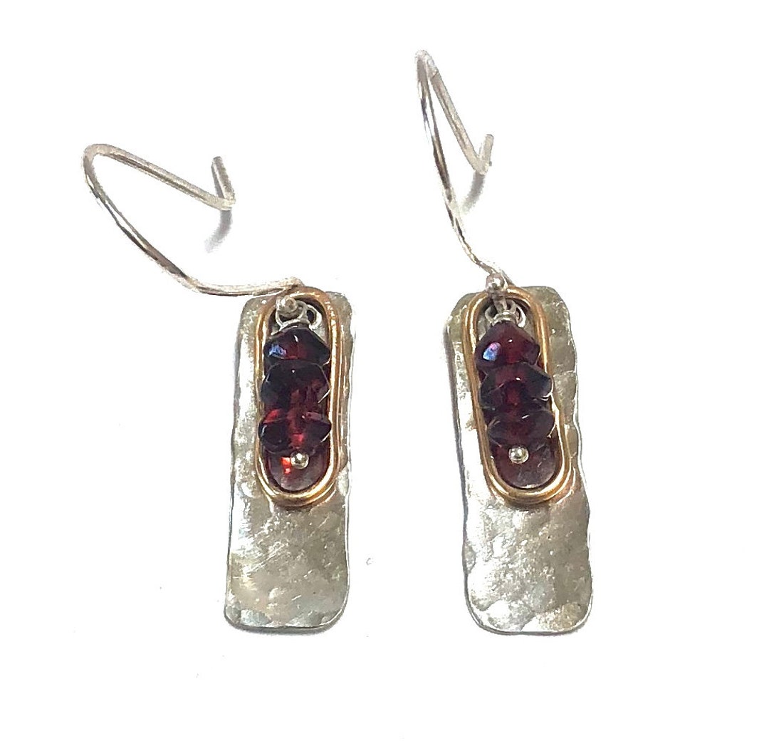 Genuine Red Garnet Dangle Drop Earrings, Silver and Gold Earrings, Red ...