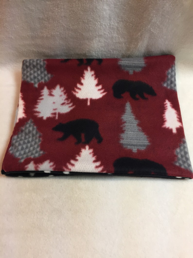 Reversible Fleece Cowl - 1) Black Bears With Trees on Dark Red ...