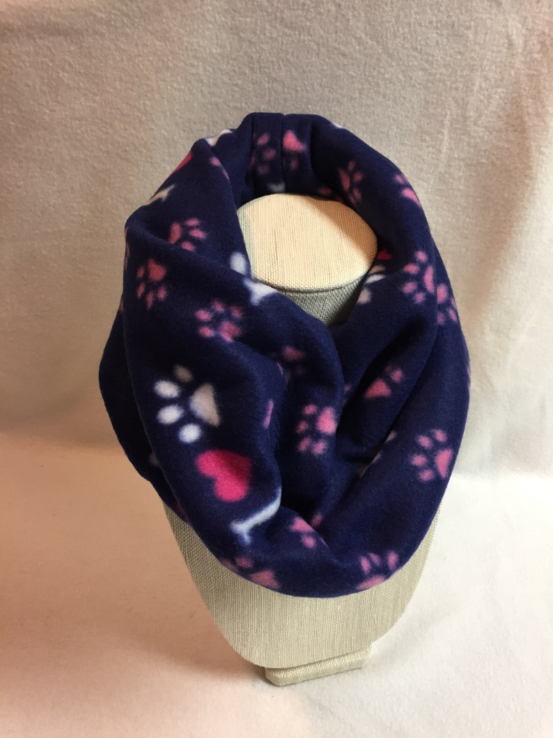 Reversible Fleece Cowl - 1) Pawprints and Hearts on Blue Background, 2 ...