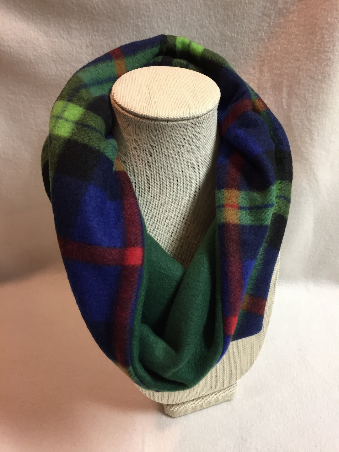 Reversible Fleece Cowl - 1) Blue/green/red Plaid, 2) Solid Green (# ...