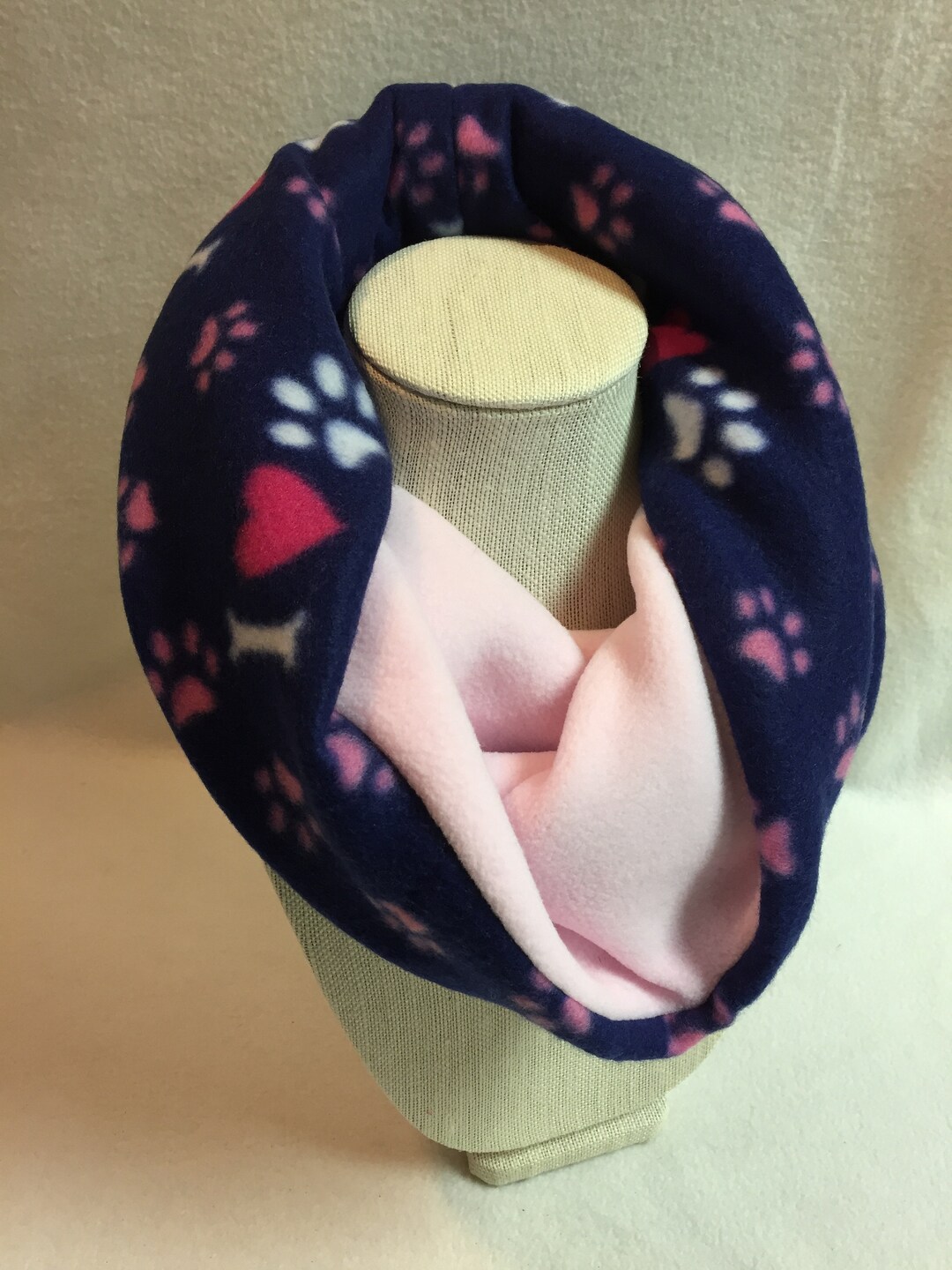 Reversible Fleece Cowl - 1) Pawprints and Hearts on Blue Background, 2 ...