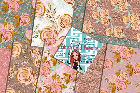 Blush Gold Peach Flowers Digital Paper Glitter Mint Peach | Etsy