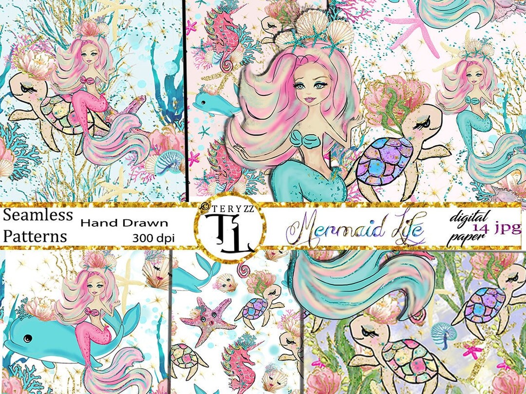 Mermaid Digital Paper, Underwater, Cute Mermaids Life, Rainbow, Ocean ...