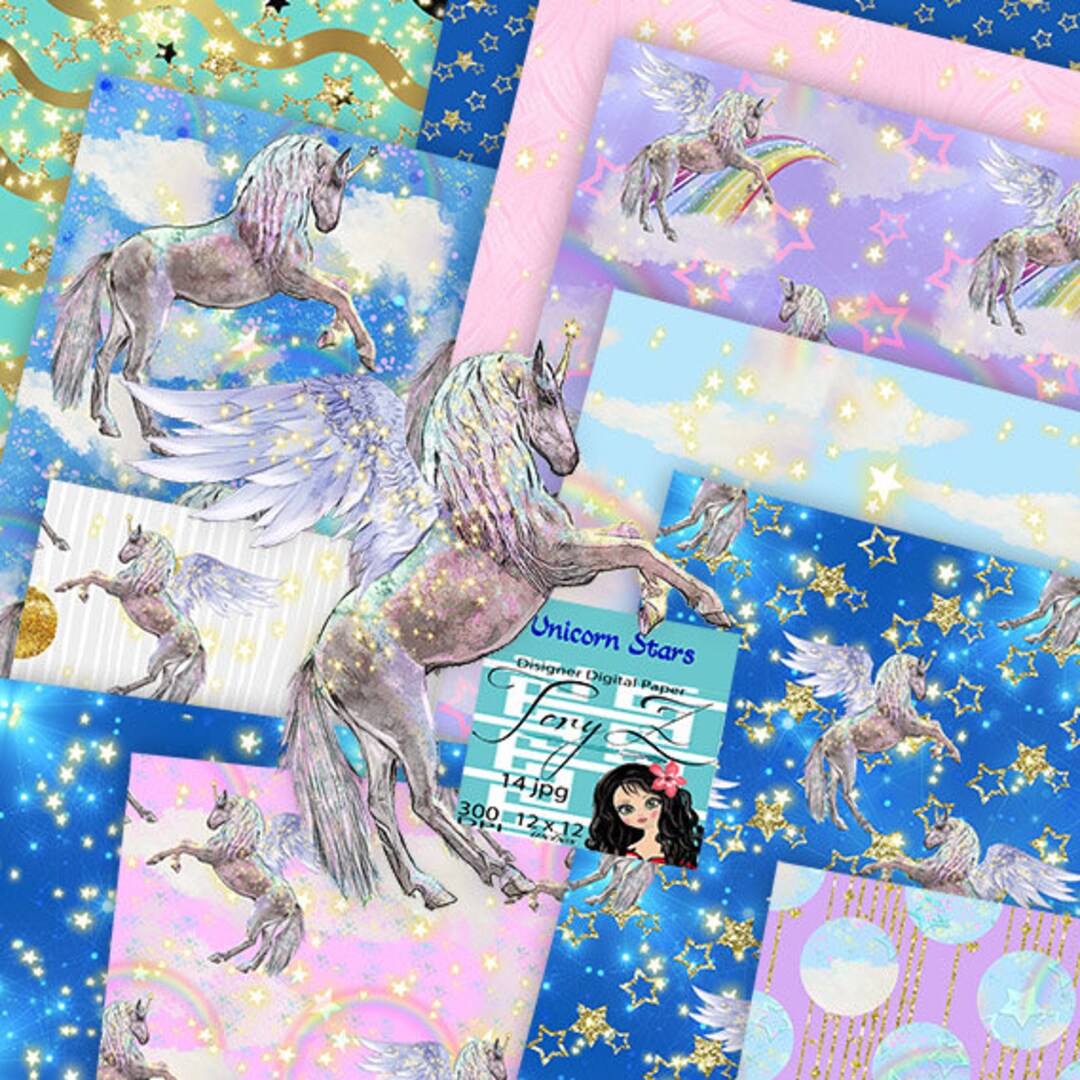 Unicorn Digital Paper, Christmas Digital Paper, Glitter Luminous Star ...