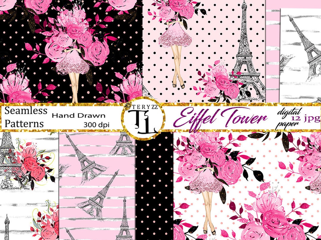 Paris Digital Paper, Eiffel Tower Flowers Seamless Patterns, Paris ...