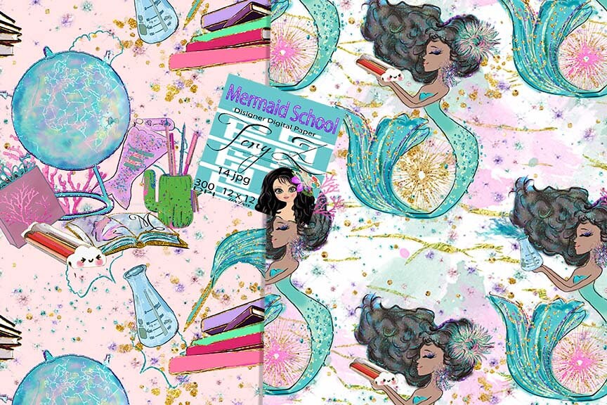 Mermaid School Digital Paper, Mermaid Digital Paper, Back to School ...