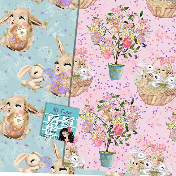Easter Digital Paper, Spring Pastel Floral Paper, Watercolor Bunny ...