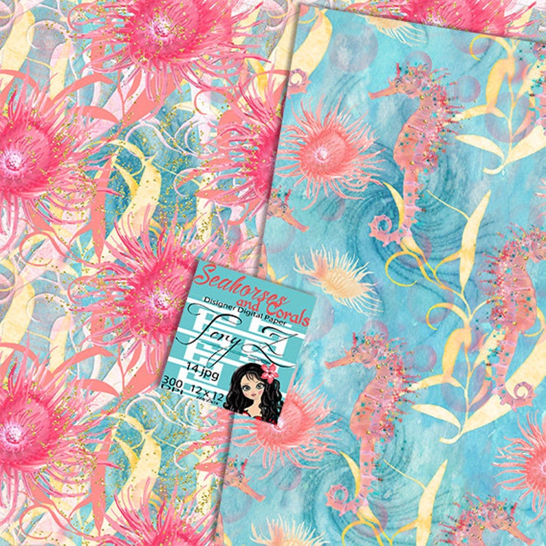 Summer Digital Paper, Seahorse Starfish Jellyfish Corals Sea Life ...