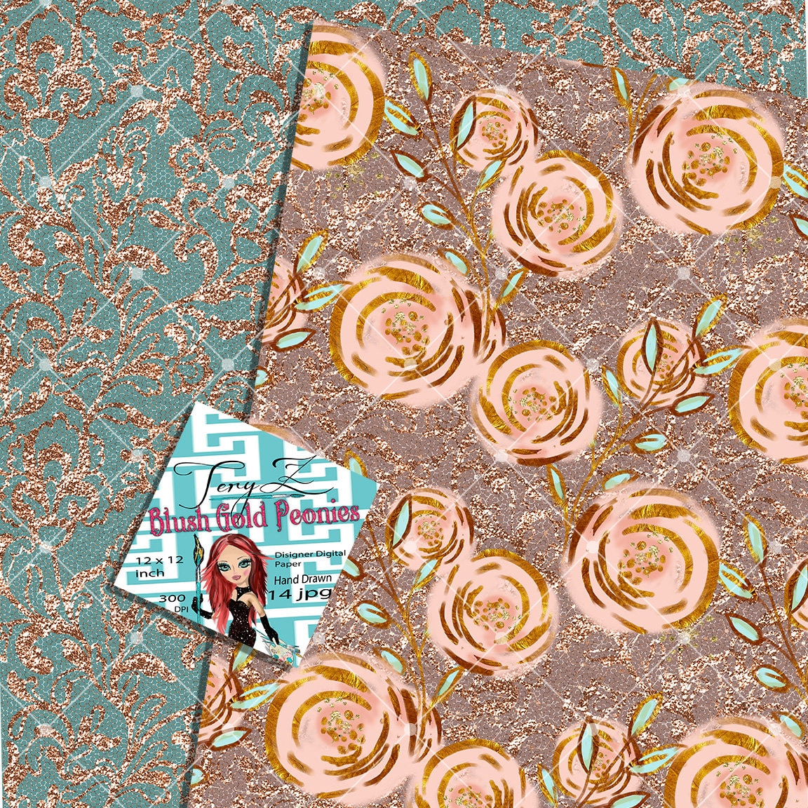 Blush Gold Peach Flowers Digital Paper Glitter Mint Peach | Etsy