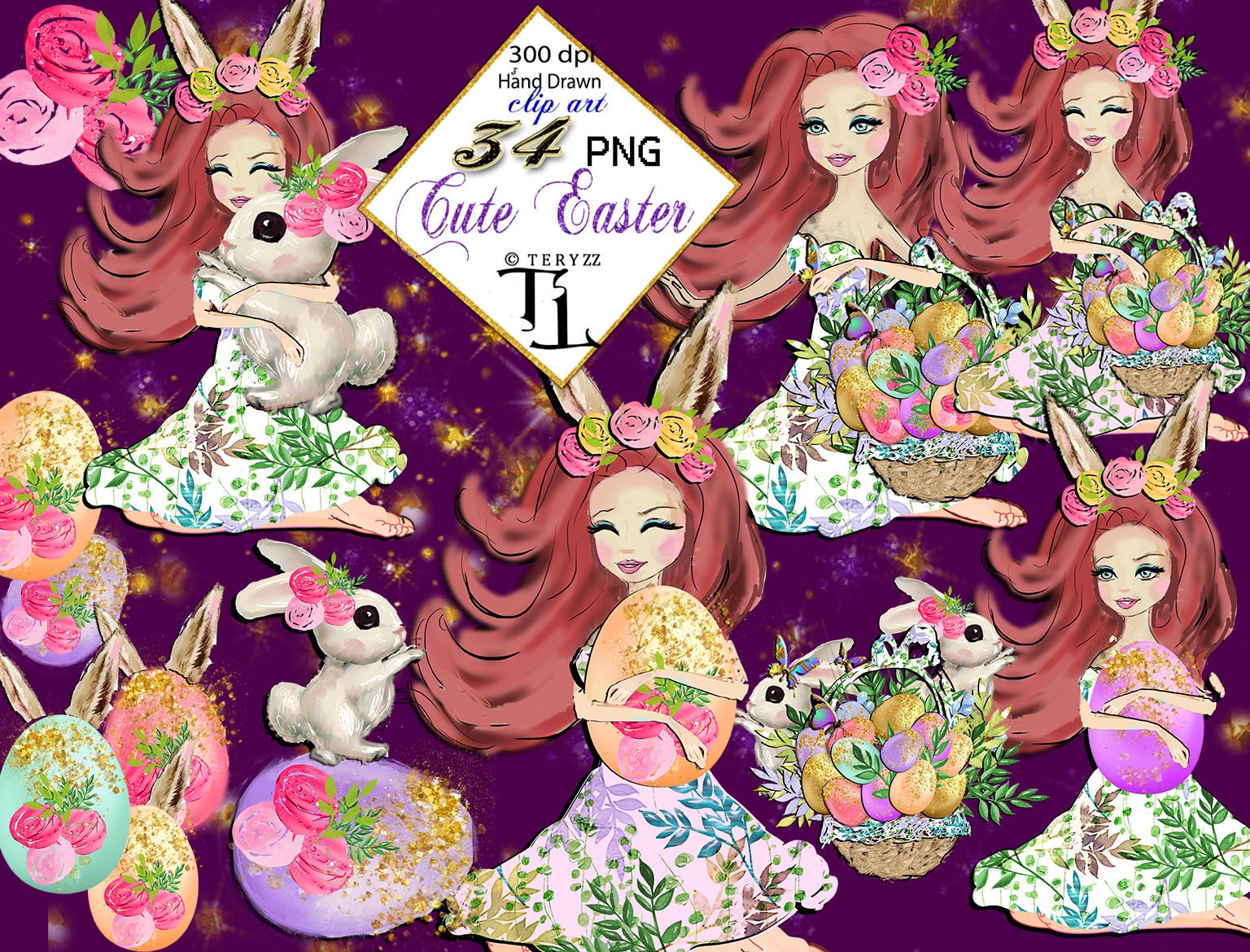 Easter Girl Clip Art Bunny Eggs Children Bunnies Basket | Etsy