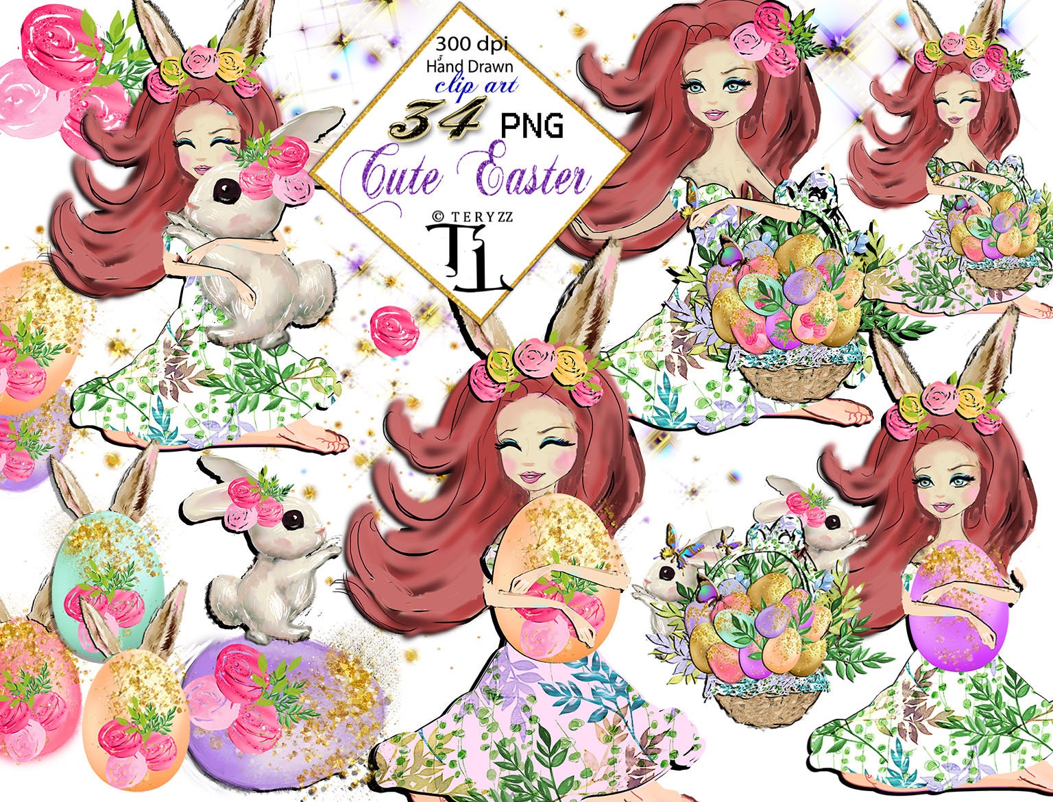 Easter Girl Clip Art Bunny Eggs Children Bunnies Basket | Etsy