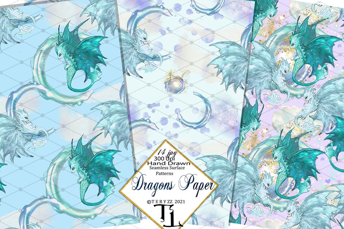 Dragon Digital Paper Watercolor Dragons Fantasy Art Seamless | Etsy