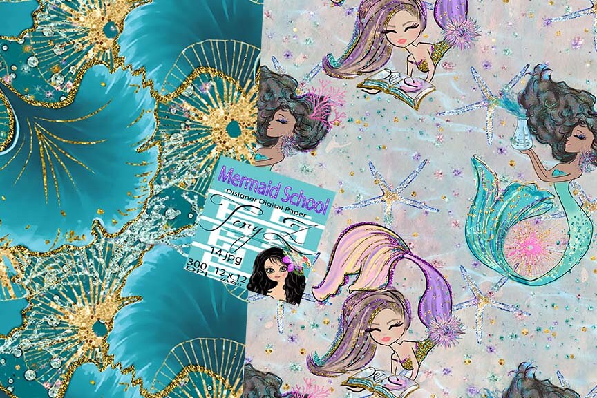 Mermaid School Digital Paper, Mermaid Digital Paper, Back to School ...