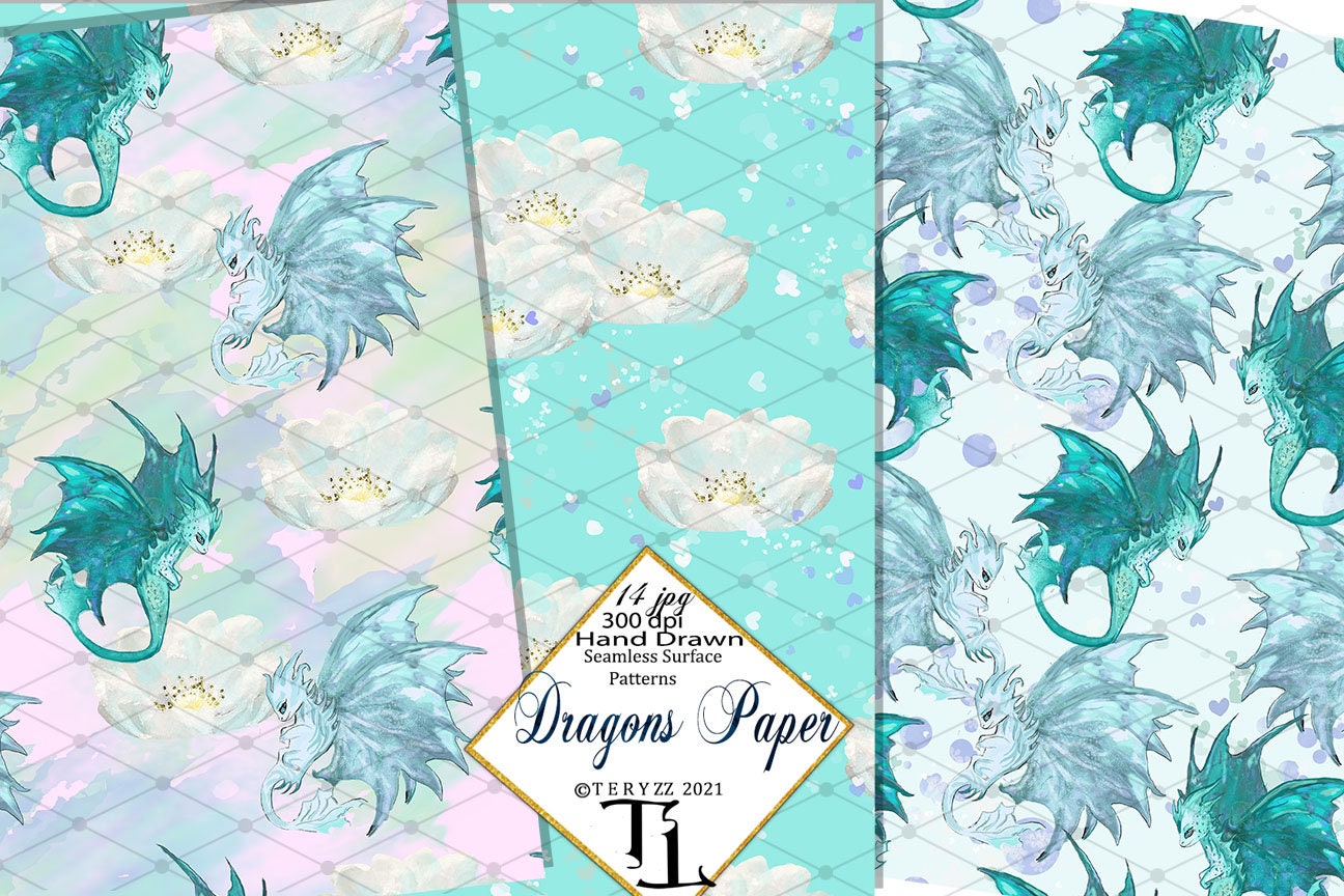 Dragon Digital Paper Watercolor Dragons Fantasy Art Seamless | Etsy